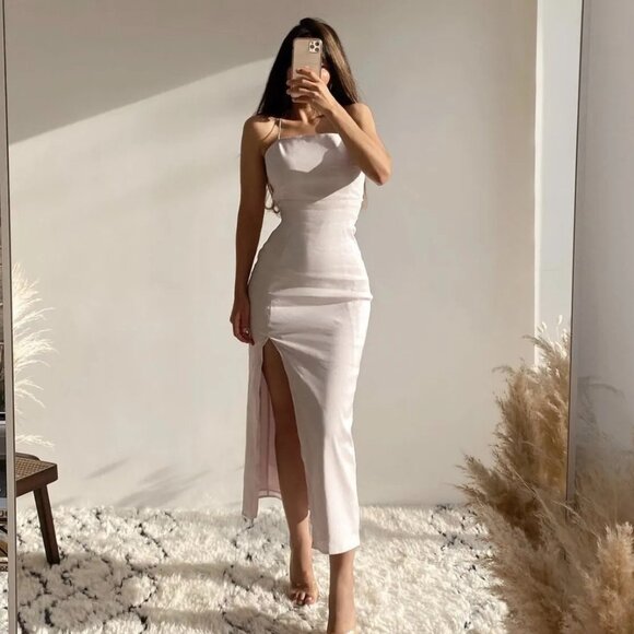 Zara | Dresses | Nwot Zara Baby Pink Square Neck Linen Midi Dress ...